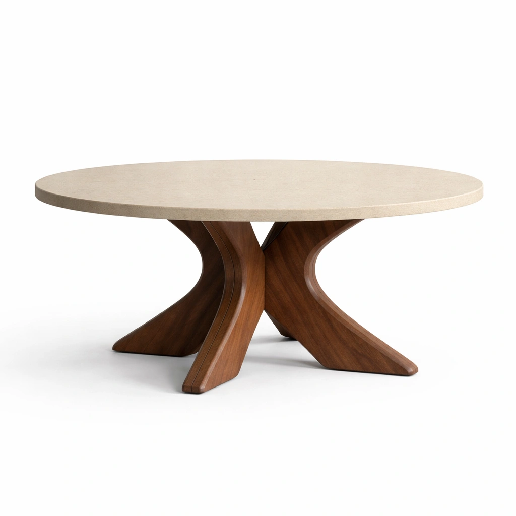 Round stone-topped dining table with a wooden base – furnliva